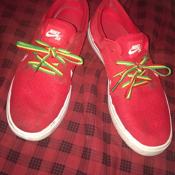 Nike | Shoes | Nike Sb Red Sneakers With Rasta Laces | Poshmark